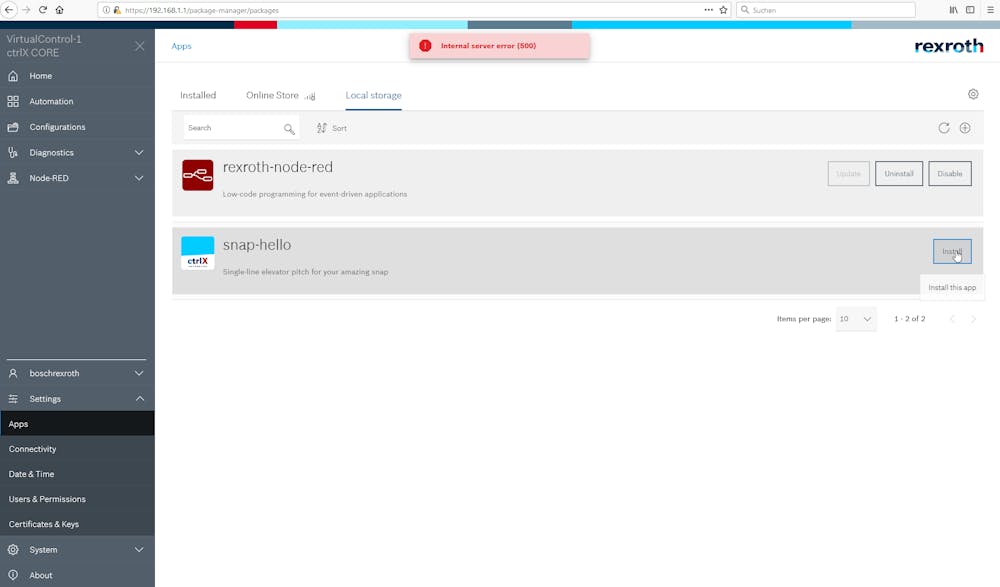 install snap in virtualcontrol with error