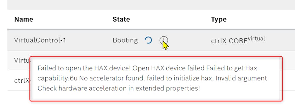 Failed to open the HAX when starining a virtual CORE