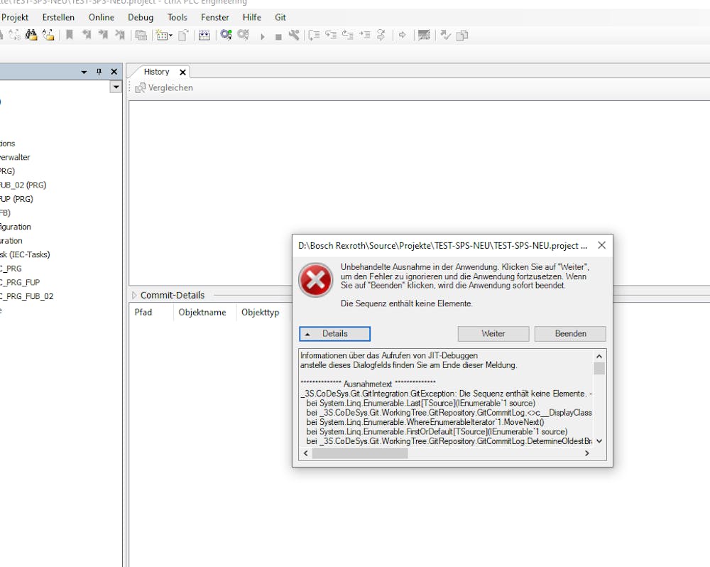 ctrlX PLC Engineering crashing when opening history of CODESYS GIT ...