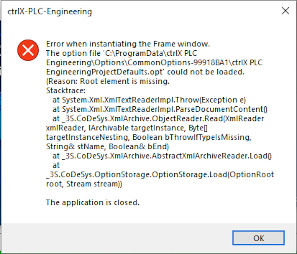 Error when starting PLC engineering
