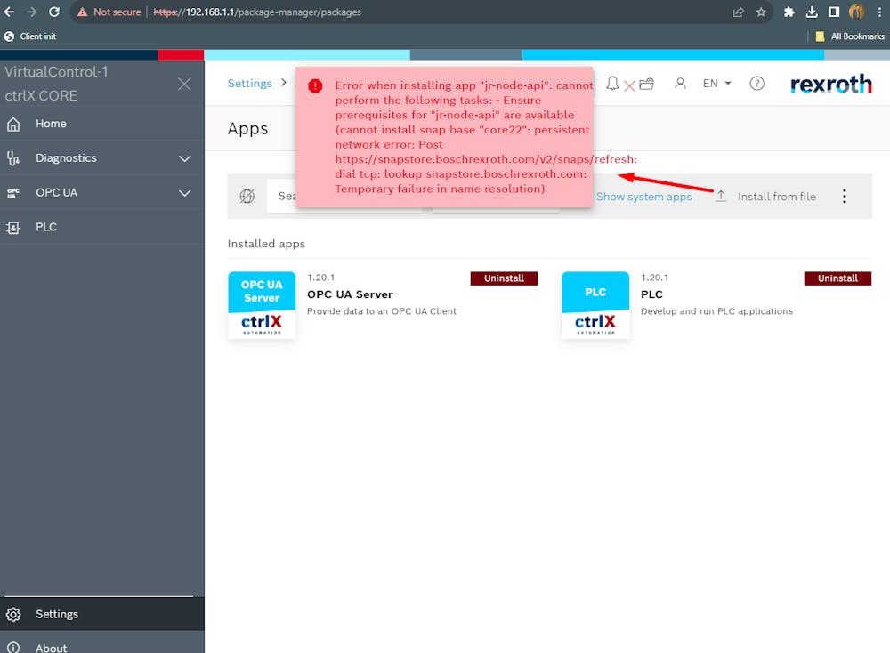 cannot install snap base "core22": persistent network error