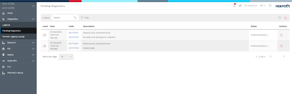 CtrlX PLC webvisu possible to reset/clear CtrlX diagnostic?