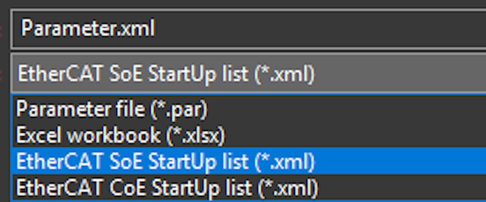 Saving EtherCAT SoE StartUp List XML file