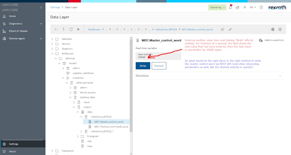 How to control a EtherCAT slave (IndraDrive CS) via REST API?