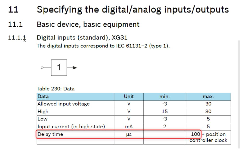 XG31 type 1 input filter time for SS1 function