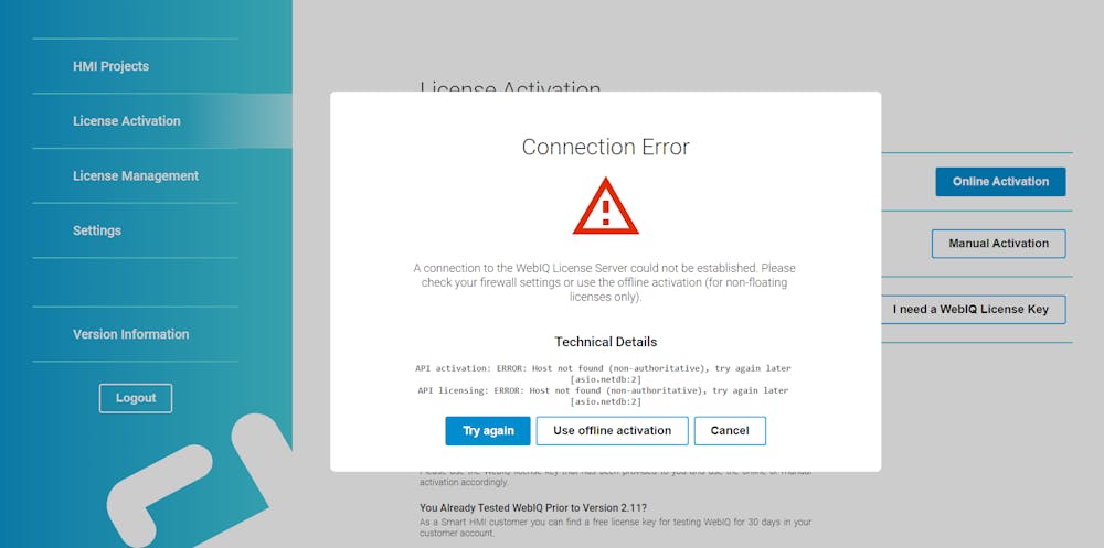 problem with licence activation in WEBIQ runtime server manager