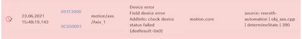 Drive errors log in CtrlX logbook