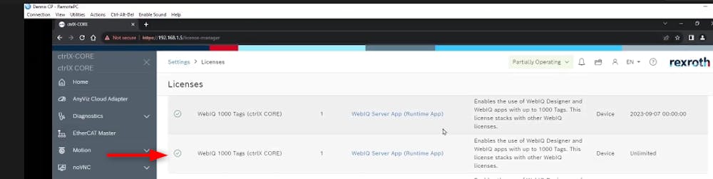 WebIQ 1000 Tags (ctrlX CORE) license not recognized by WebIQ runtime