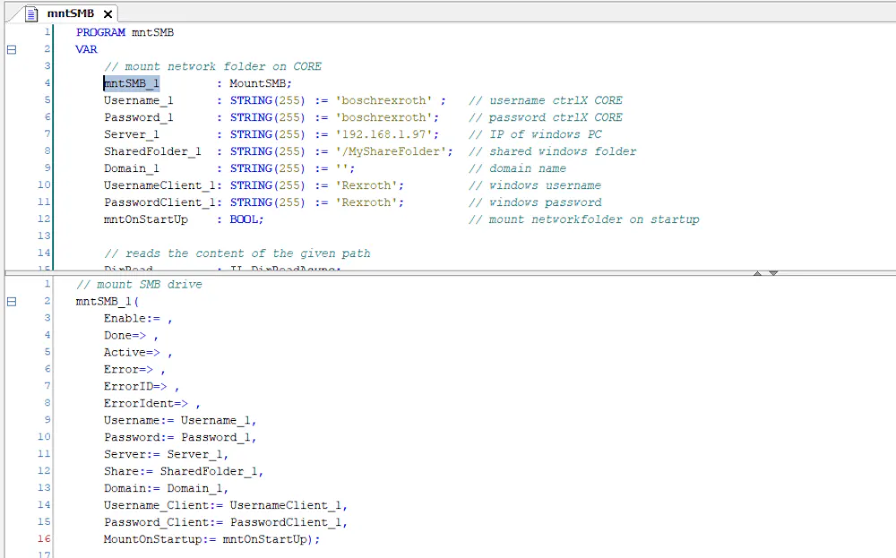 Mount SMB network folder, create folder, read content from PLC